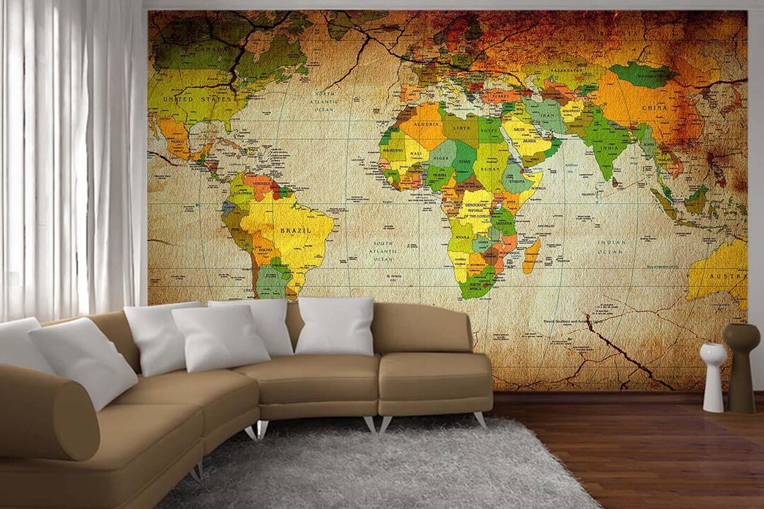 Geographical Map of the World Wallpaper Vintage Geography Mural Peel ...