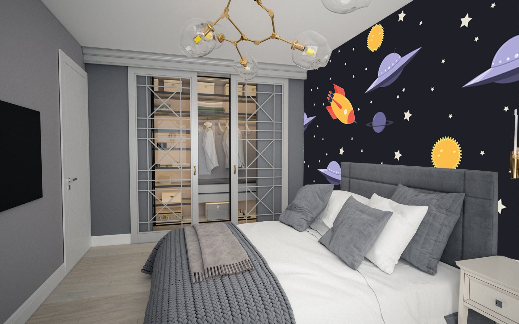 Space Kids Wallpaper Rocket Wall Mural Ufo Baby Decal Cosmos Nursery ...