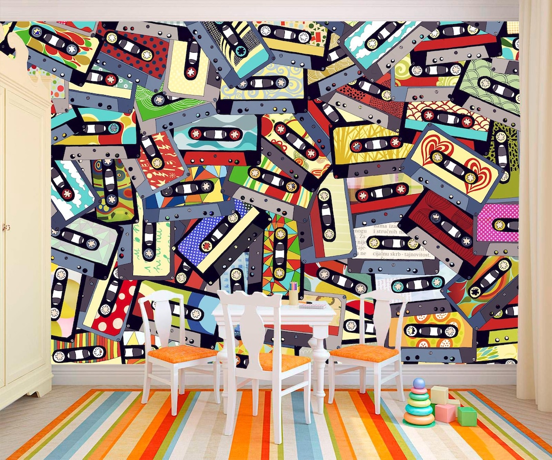 Retro Audio Cassettes Wallpaper Colorful Music Removable Abstract Wall ...