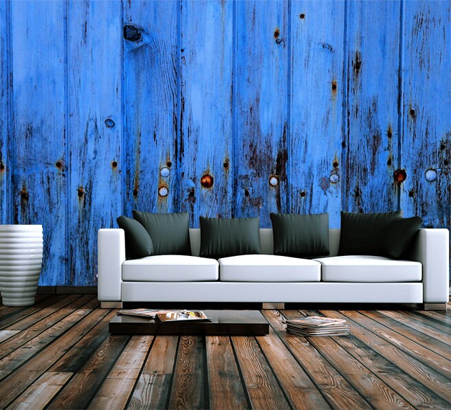 Wood Wall Mural Blue Home Decor Old Wood Artwork Textured Decal Self ...