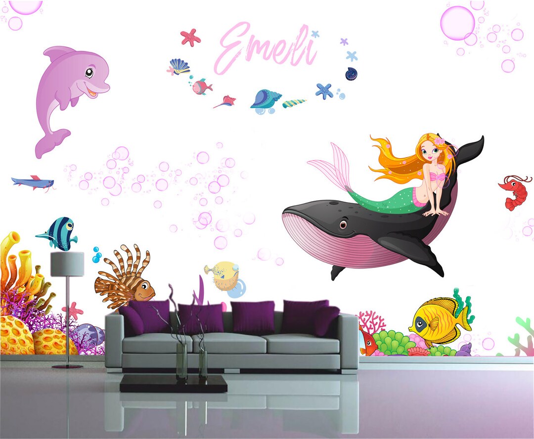 Mermaid Mural Girls Name Print Personalized Decor Nursery Room Art ...