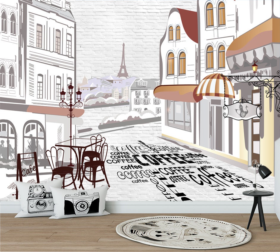 Coffee Theme Wallpaper Cafe House Mural Sketch Design Street Art Print ...