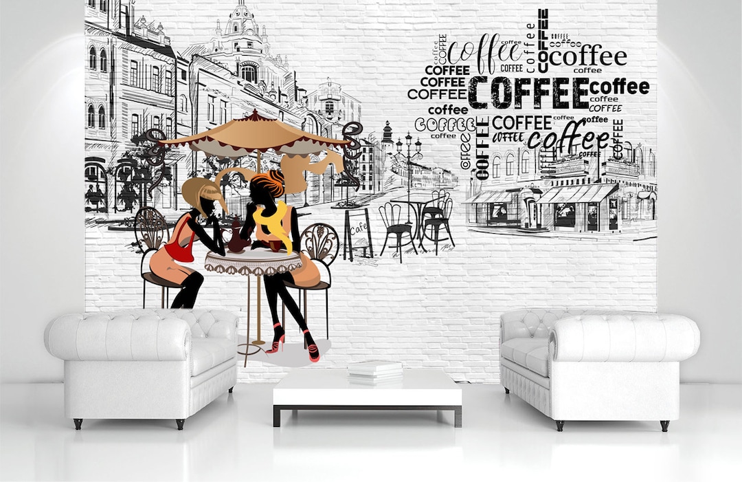 Coffee Theme Wallpaper Cafe House Mural Sketch Design Street Art Print ...