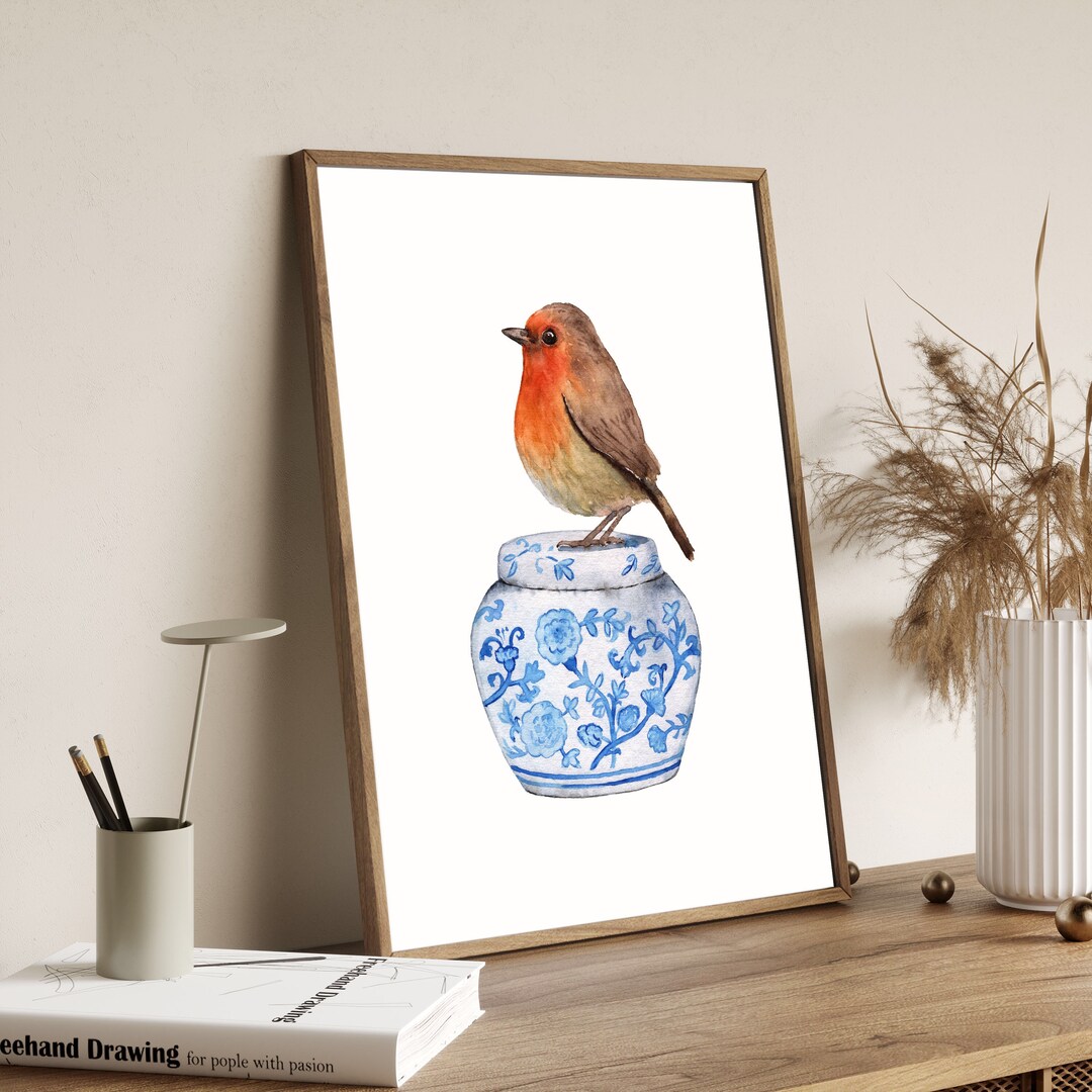 Robin Bird Print Watercolour Chinoiserie Poster Oriental Vase Blue White Above Bed Art Ginger ...