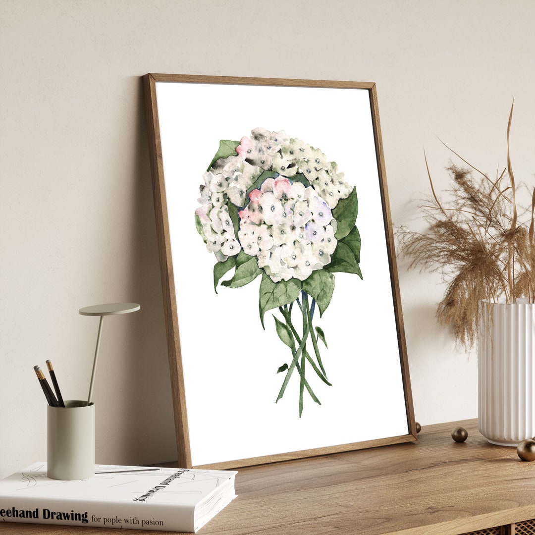 White Hydrangea Print Botanical Art Print Hydrangea Watercolor Painting ...