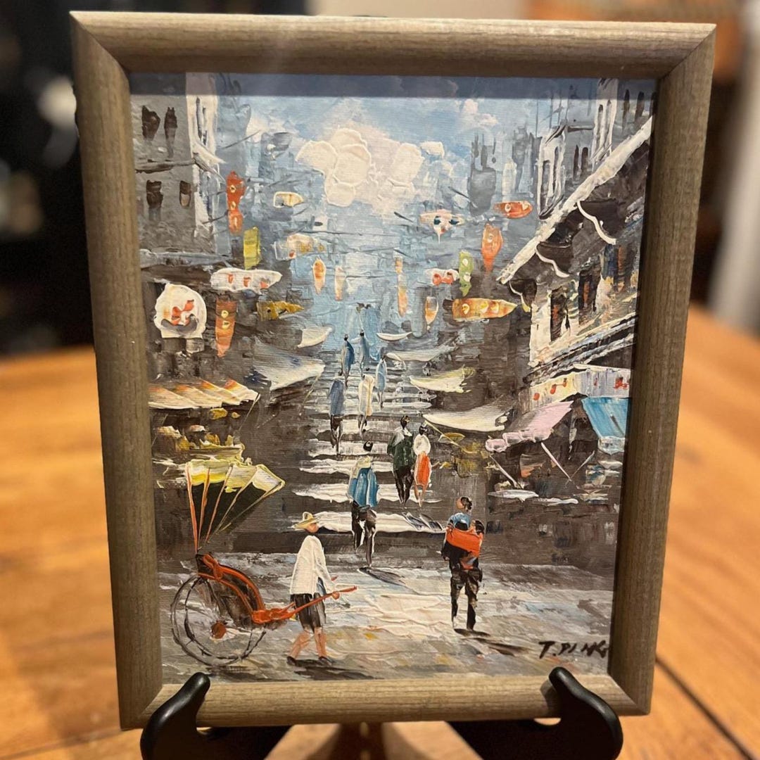 Vintage Original Tang Ping Oriental Street Scene Oil Painting ...