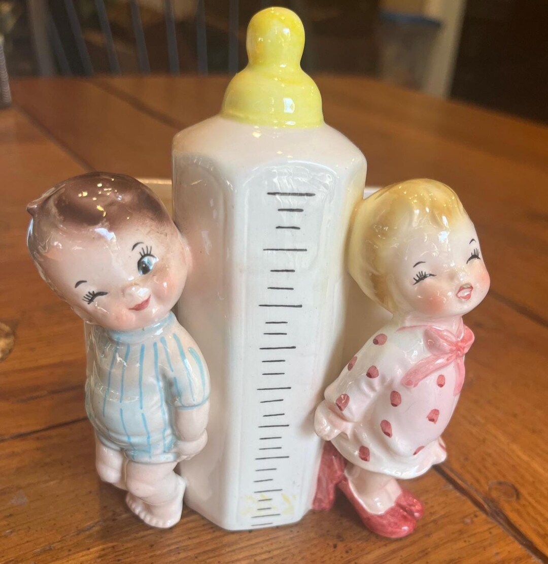Vintage Mid Century Kitsch Baby Bottle With Little Boy and Girl Planter ...