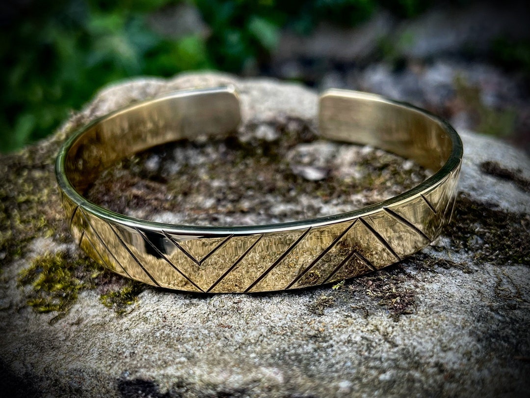 Solid Polished Brass Chiselled Viking Cuff Bracelet, Mens or Womens ...