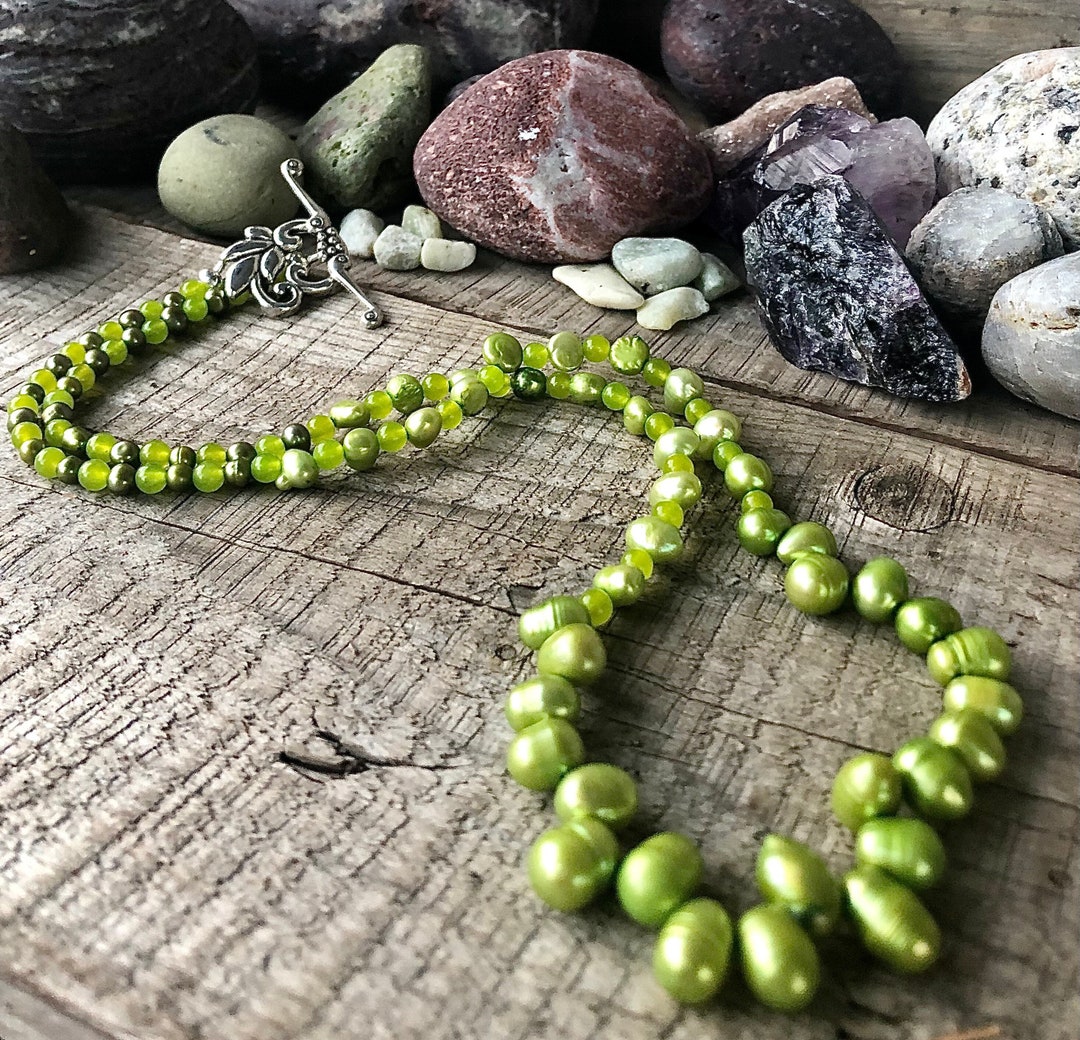 Green Freshwater Pearl Necklace, Boho Handmade Pisces Birthstone ...