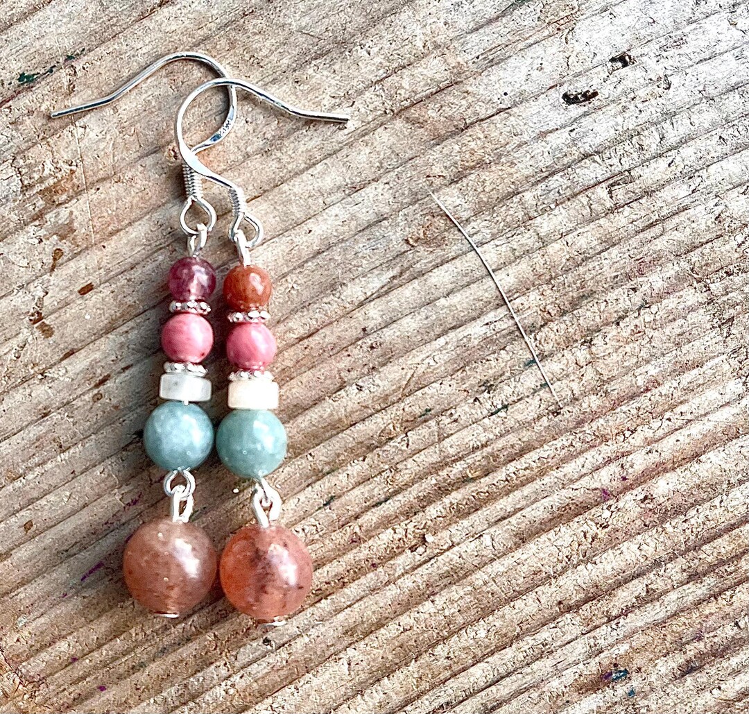 Burmese Jade Watermelon Quartz Rhodonite & Sunstone Earrings, Boho ...