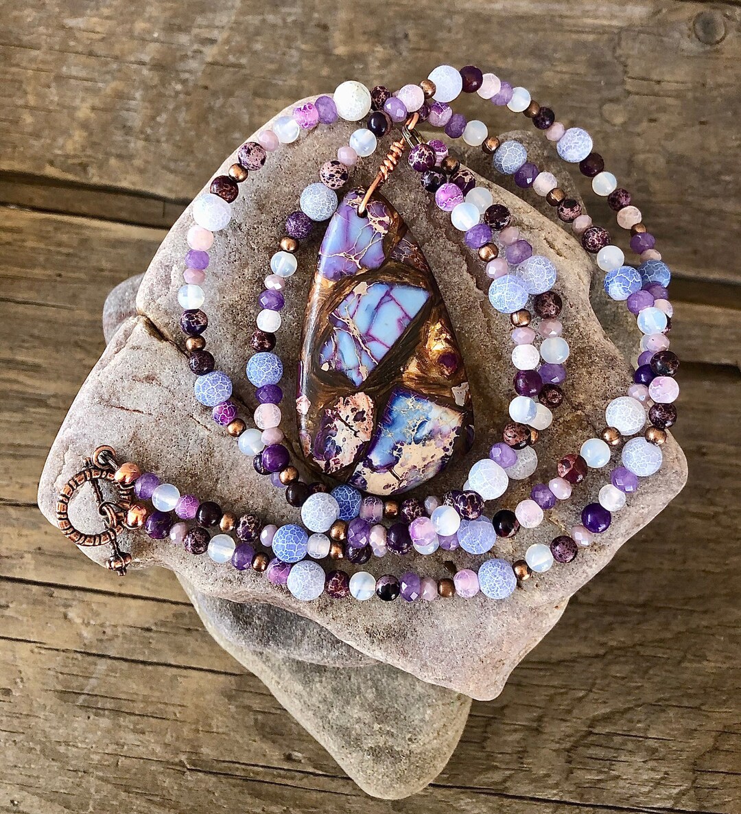 Ocean Jasper Copper Bornite Quartz Crystal and Agate Necklace, Boho ...