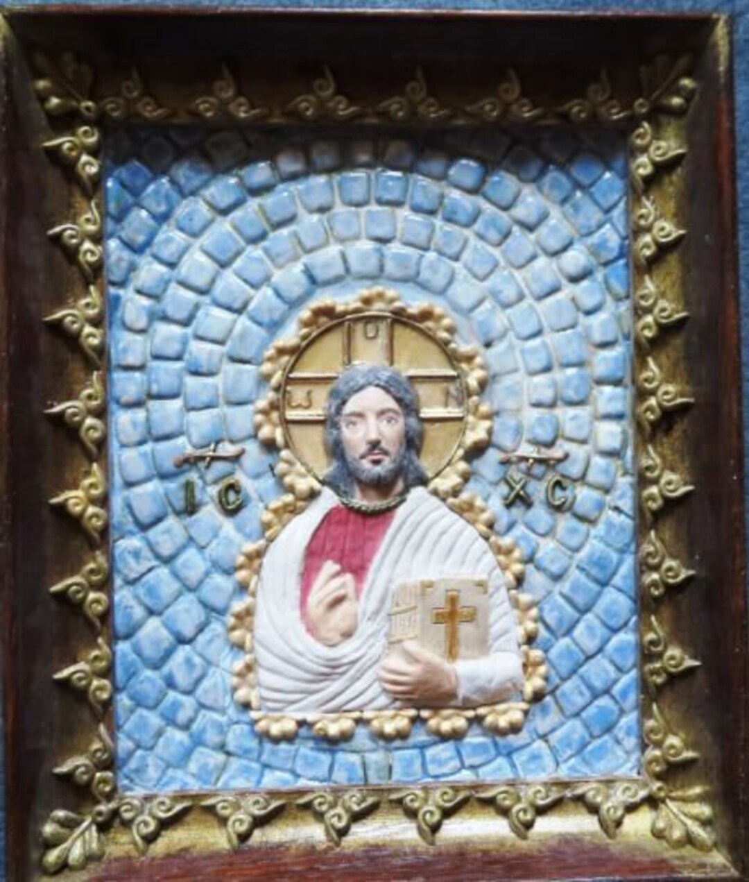Orthodox Icon of Jesus Christ on a Blue Ceramic Mosaic - Etsy