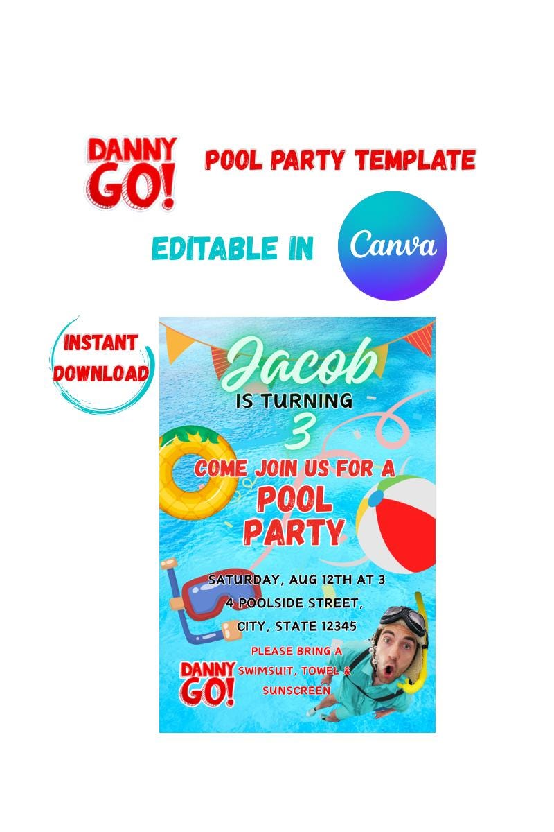 Danny Go Pool Party Invitation – Editable Canva Template - Etsy