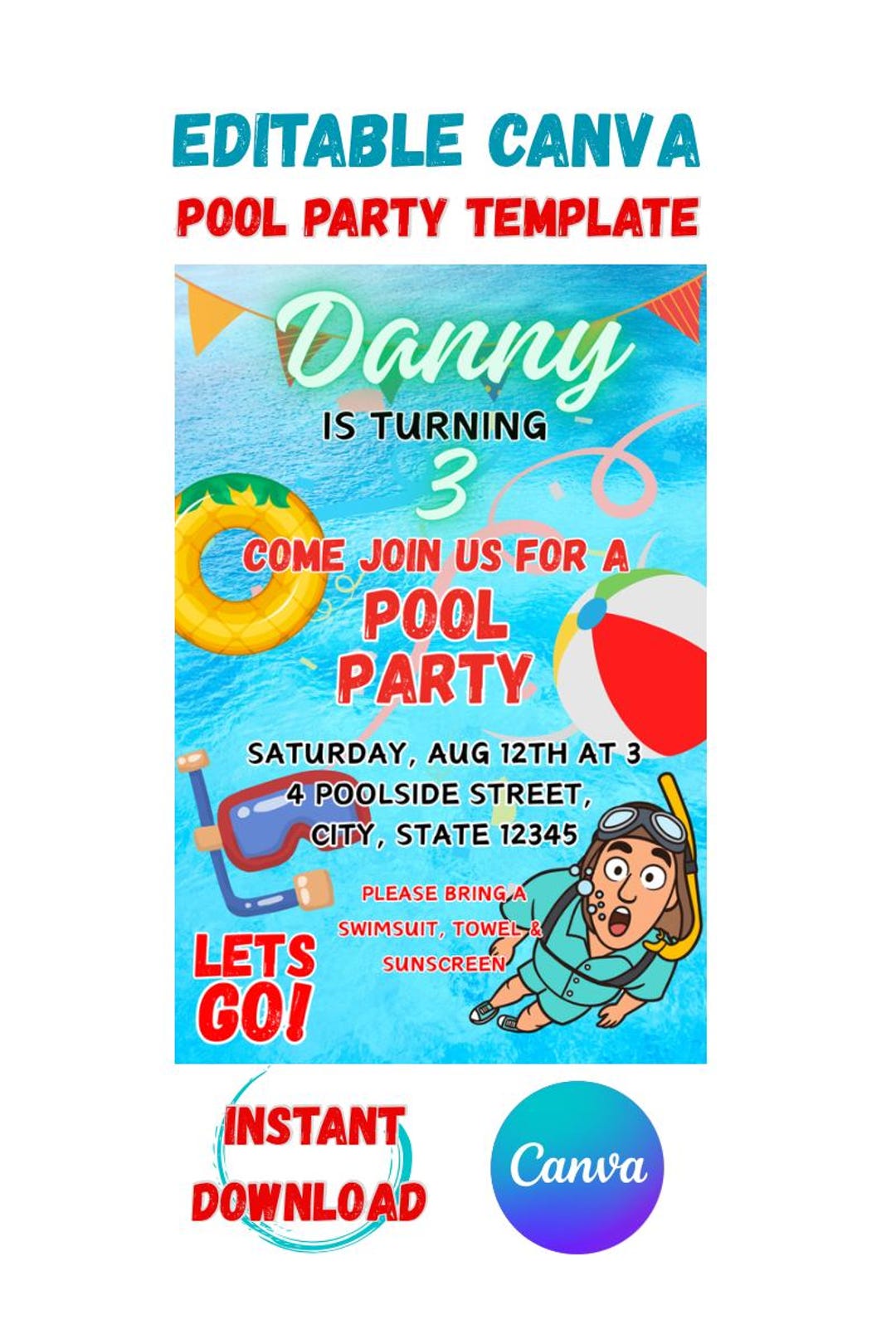 Editable Pool Party Invites | Canva Template | Kids Summer Birthday ...
