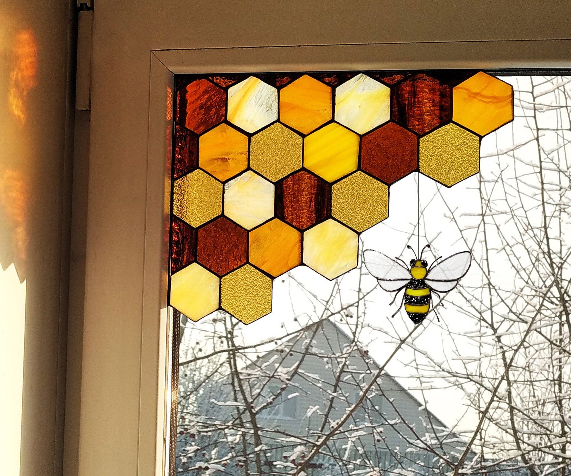 Honeycomb stained glass window hanging suncatcher panel | Etsy