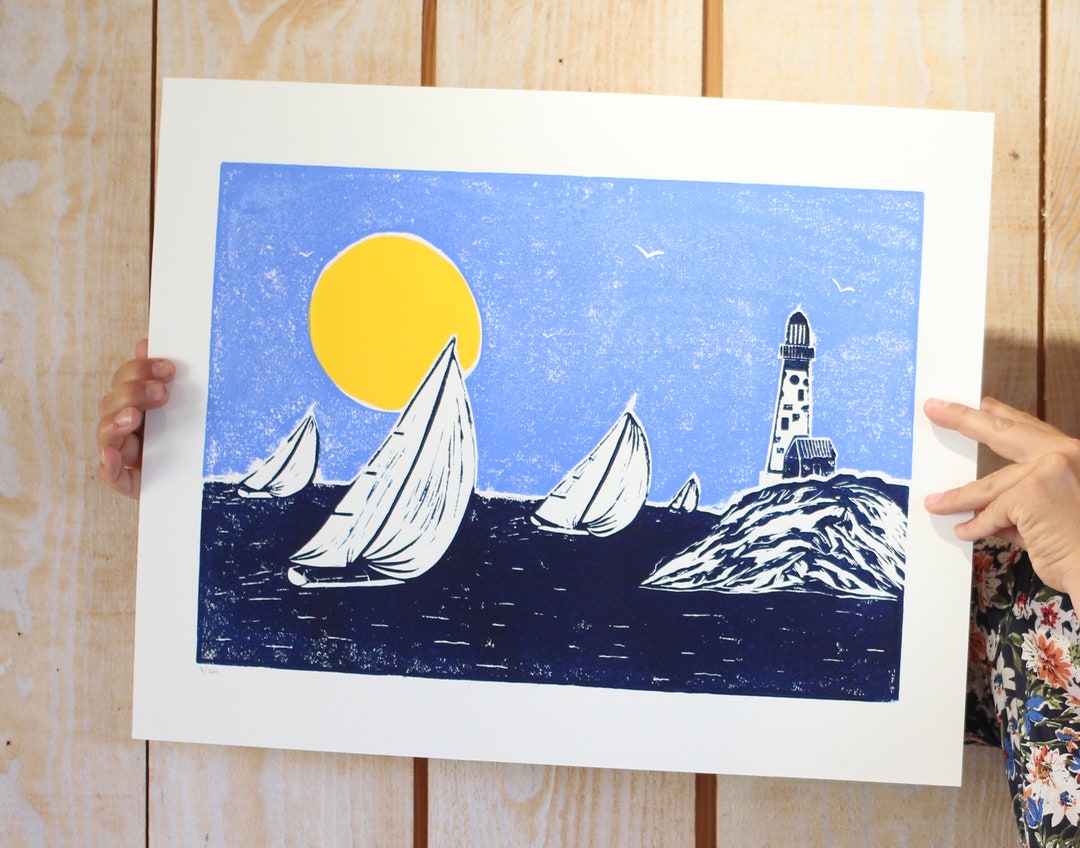 Linocut Linoprint the Boats at List Sky Blue - Etsy