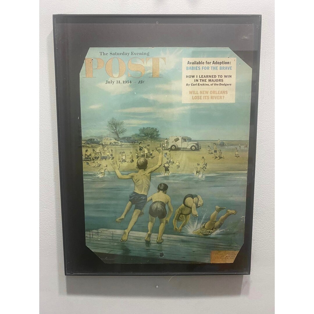 Old 1954 July POST Magazine Cover Framed Kids Jumping to Swim - Etsy