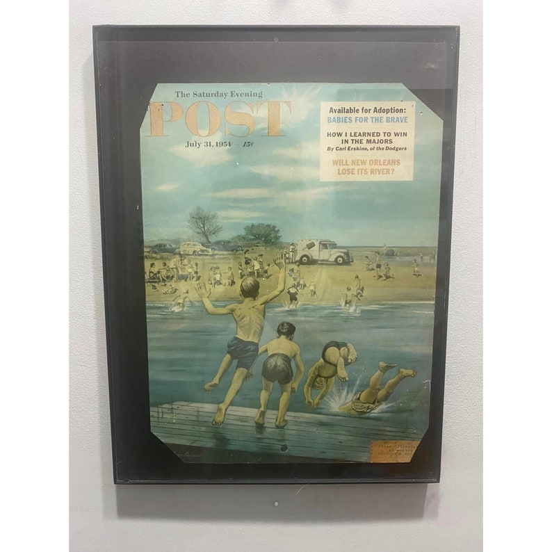 Old 1954 July POST Magazine Cover Framed Kids Jumping to Swim - Etsy