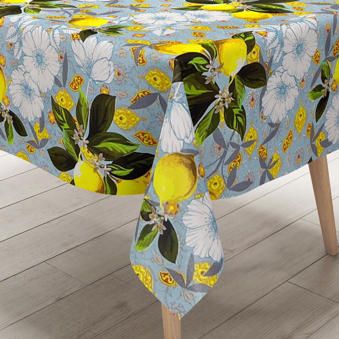 Oilcloth Tablecloth Sicily Lemons Mediterranean on Light Blue B6025-02 ...
