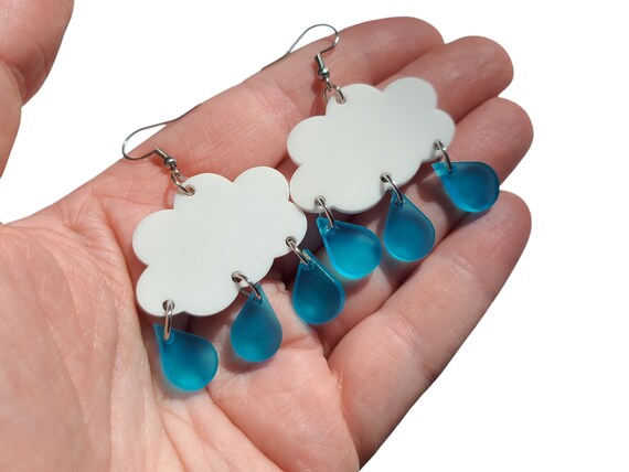 Rain Cloud Drop Earrings Laser Cut White and Blue | Etsy
