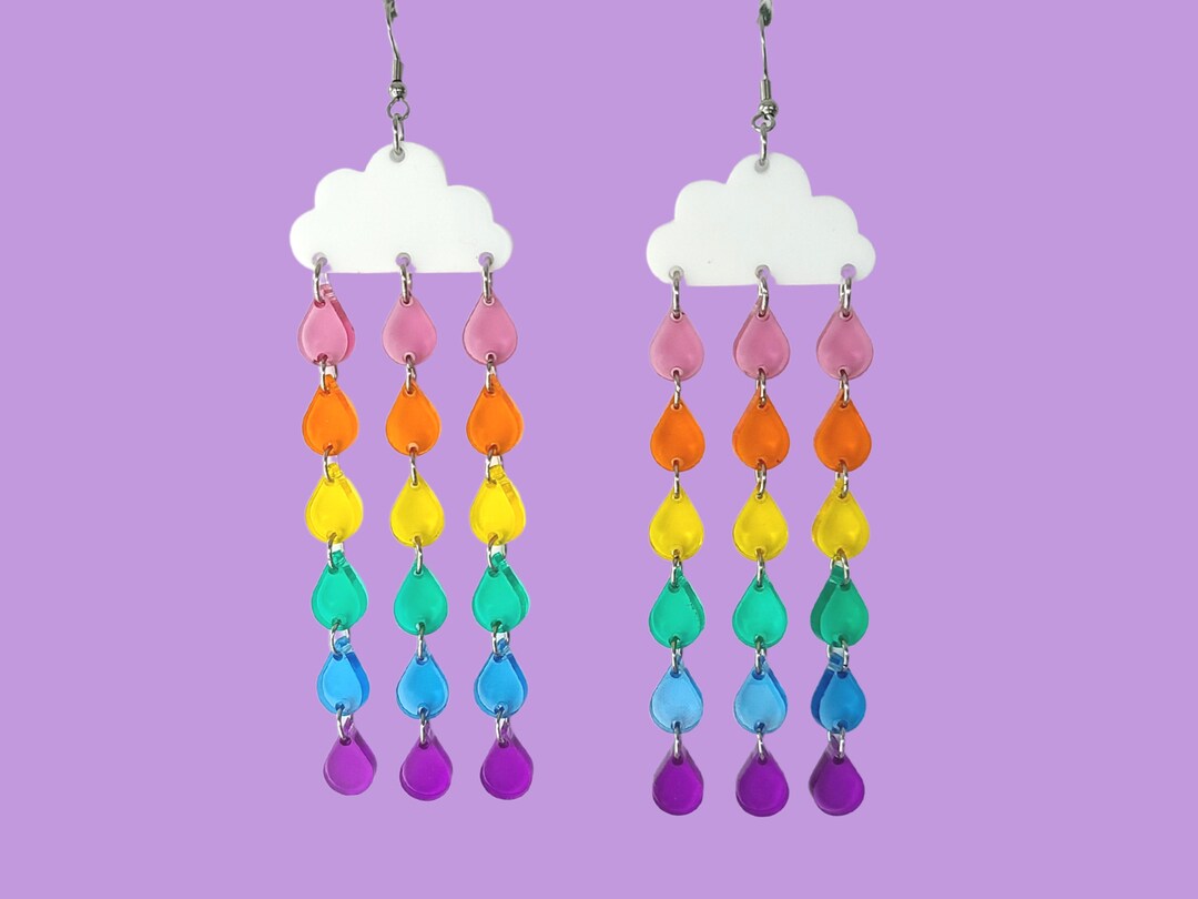Rainbow Pride Cloud Raindrops Hanging Statement Earrings - Laser Cut ...
