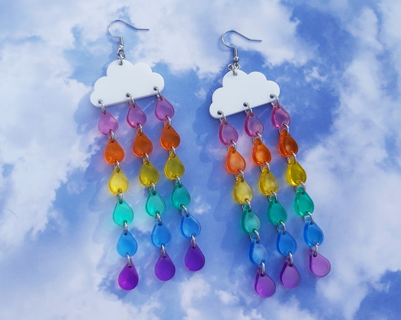 Rainbow Pride Cloud Raindrops Hanging Statement Earrings - Laser Cut ...