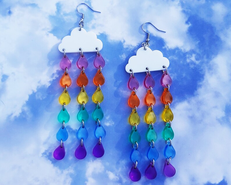 Rainbow Pride Cloud Raindrops Hanging Statement Earrings - Etsy