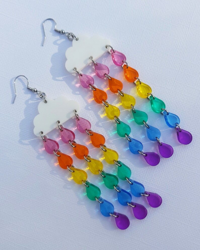 Rainbow Pride Cloud Raindrops Hanging Statement Earrings - Laser Cut ...