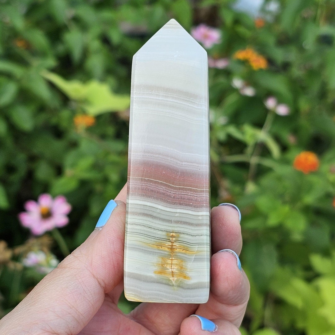 Rare Pink Banded Onyx Tower 3.6" Green Mineral Crystal Healing Gemstone ...