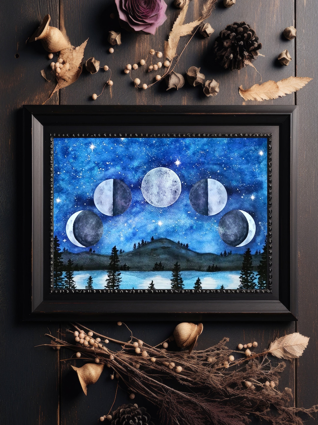 A4 Moon Phase Watercolour Art Print, Galaxy Moon Wall Art, Watercolour ...