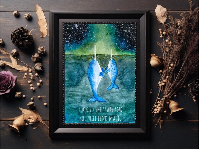 Narwhal Art Print , Whale Wall Art, Whale and Crescent Moon Painting ...