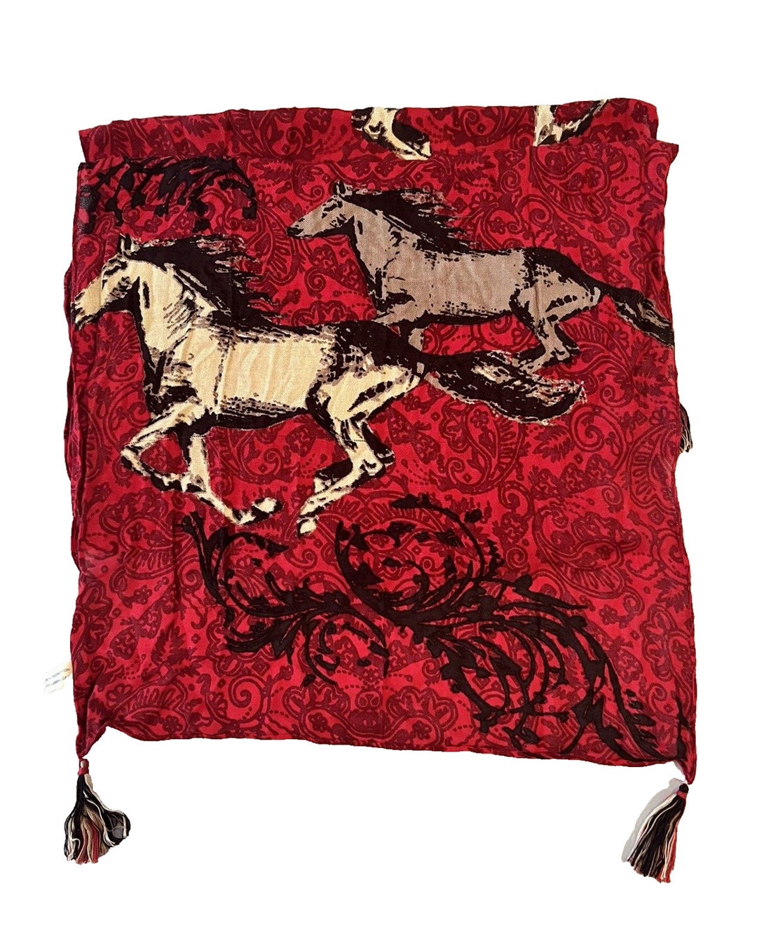 Vintage Red Equestrian Race Horse Long Neck Scarf Wrap 100% Rayon M/I ...