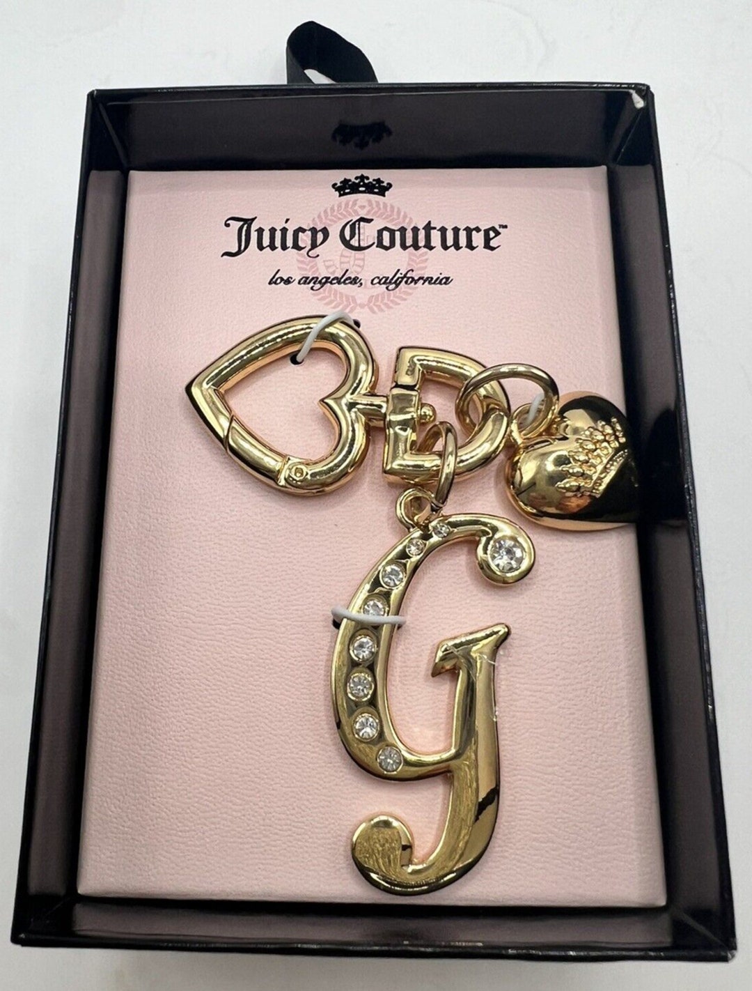 JUICY COUTURE Gold Plated Queen Double Heart Rhinestone Key Fob Charm ...