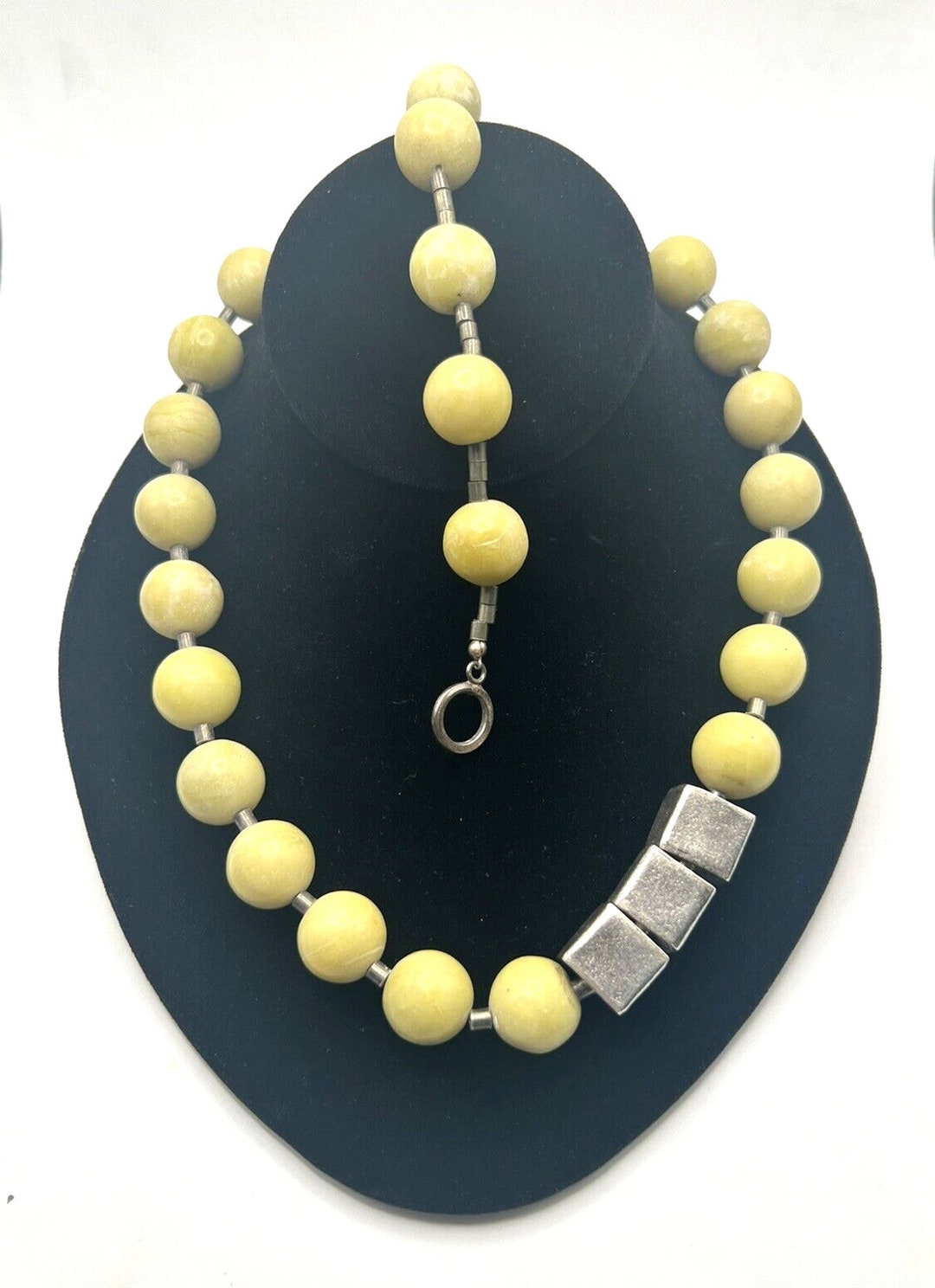 Vtg Modernist Chunky Lime Quartz Stone & Silver Box Beaded Necklace ...