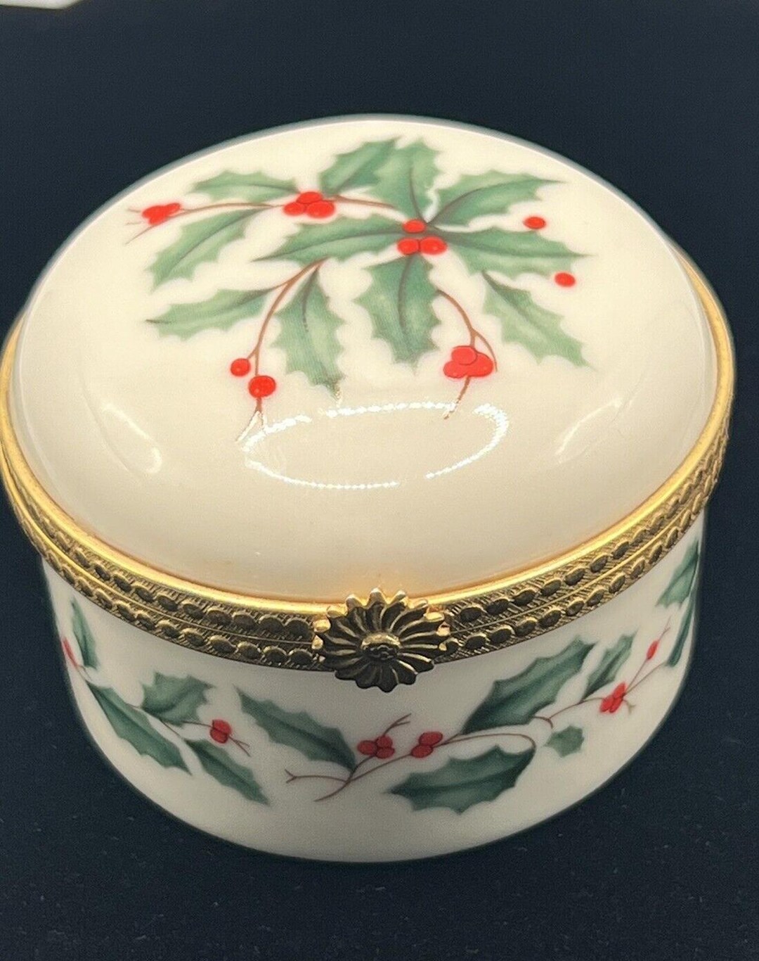 Vintage LENOX Christmas Holiday Trinket Jewelry Box W/ Gold Brass Trim ...