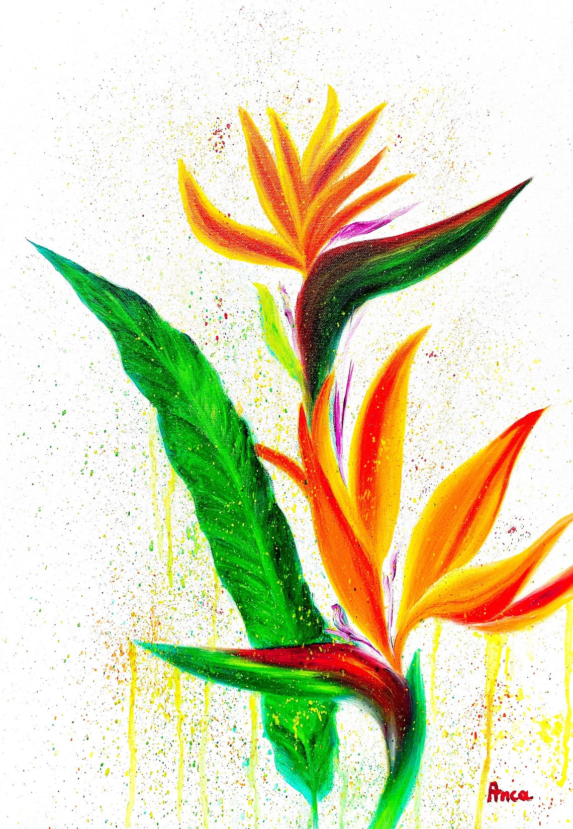 Flowers Art, Orange Flower Painting, Abstract Floral Print, Birds of ...