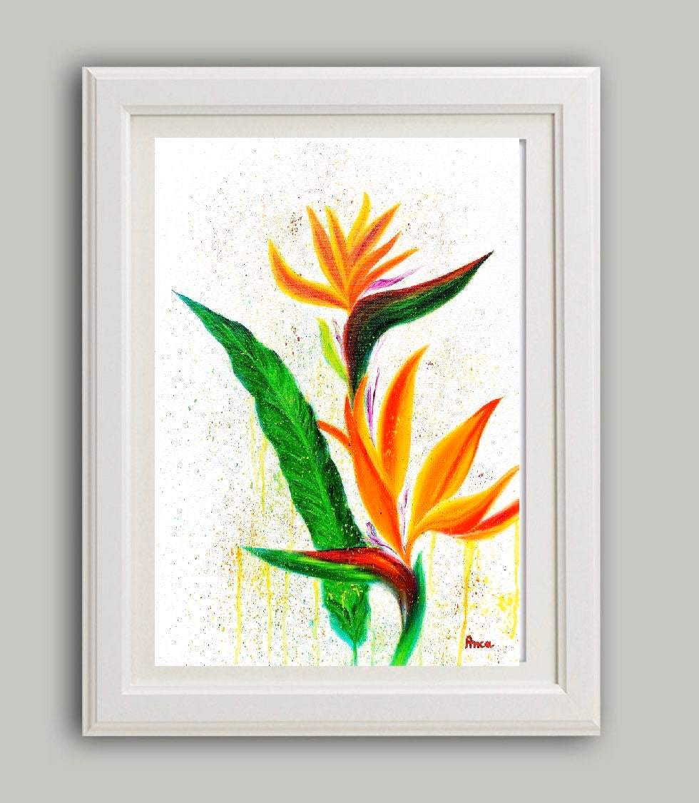 Flowers Art, Orange Flower Painting, Abstract Floral Print, Birds of ...