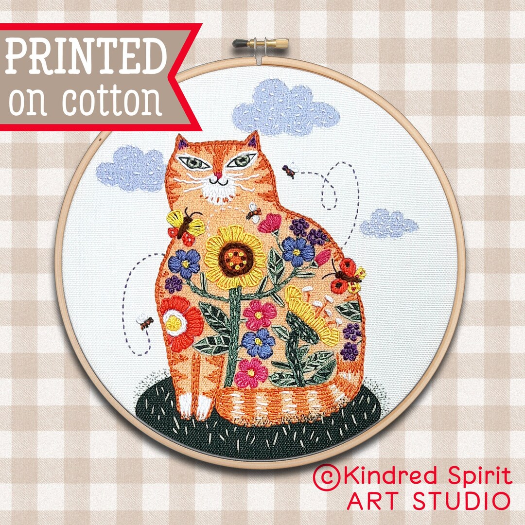 Orange Cat Embroidery Kit Needlework Design 7 Inch Hoop Art DIY Craft ...