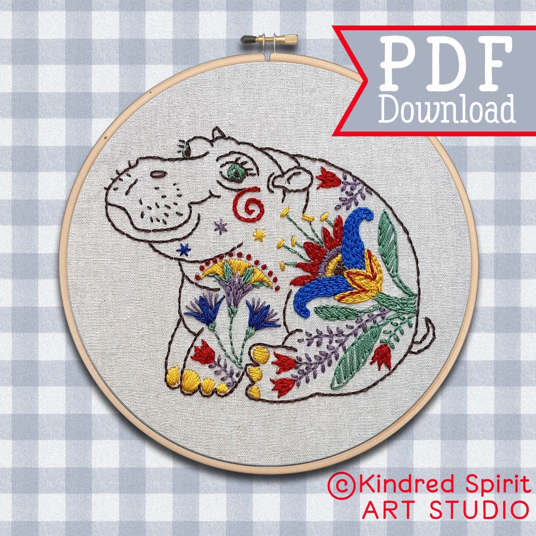 Hippo Embroidery Pattern: Floral 7 Inch Hoop Art (digital PDF) - Etsy