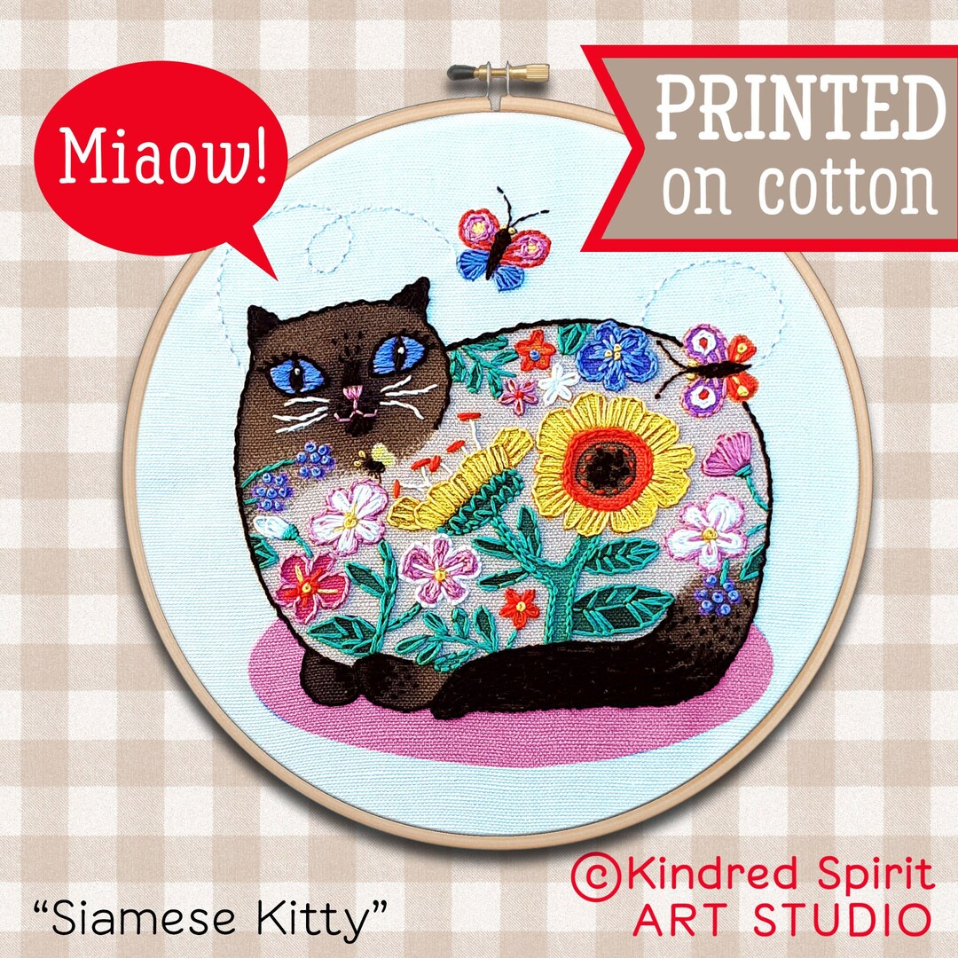 Siamese Cat Embroidery Kit: Floral Kitten Needlepoint, DIY Hoop Art ...