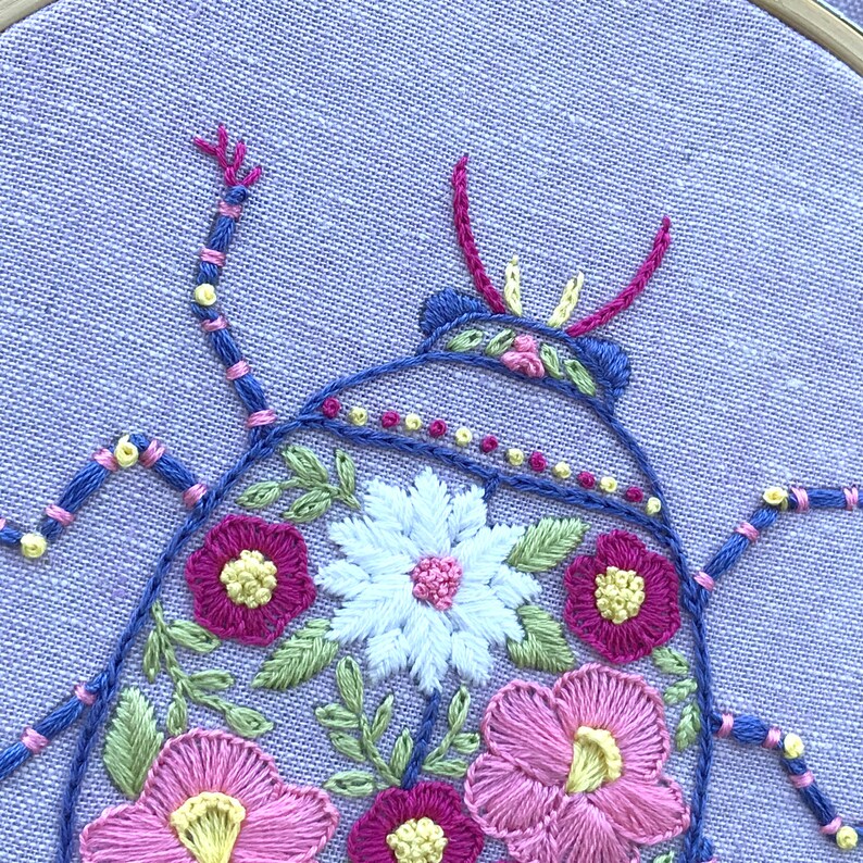 Hand Embroidery Pattern ; Beetle Design ; Flower Needlepoint ; Hoop Art ...