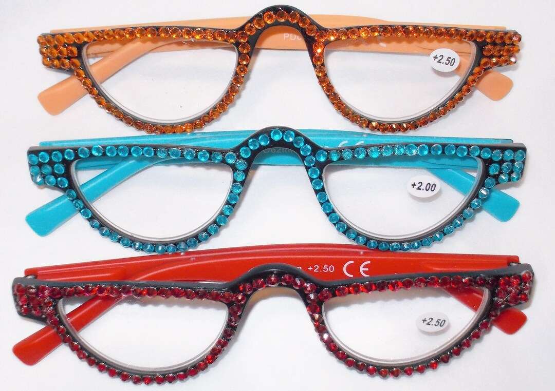 Half Moon Reading Glasses Under Rim Rhinestone Readers Three Strengths ...