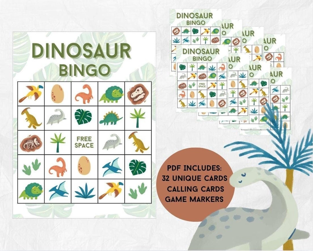 Dinosaur Bingo Game - 32 Unique Cards, Calling Cards & Markers - Dino ...
