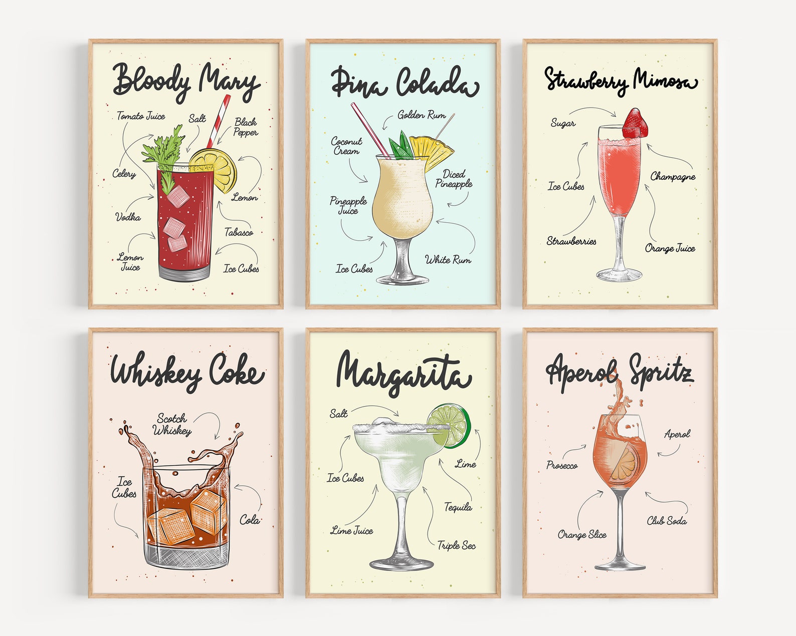 Bar Cart Wall Art Set of 6 Retro Cocktail Posters for Your - Etsy