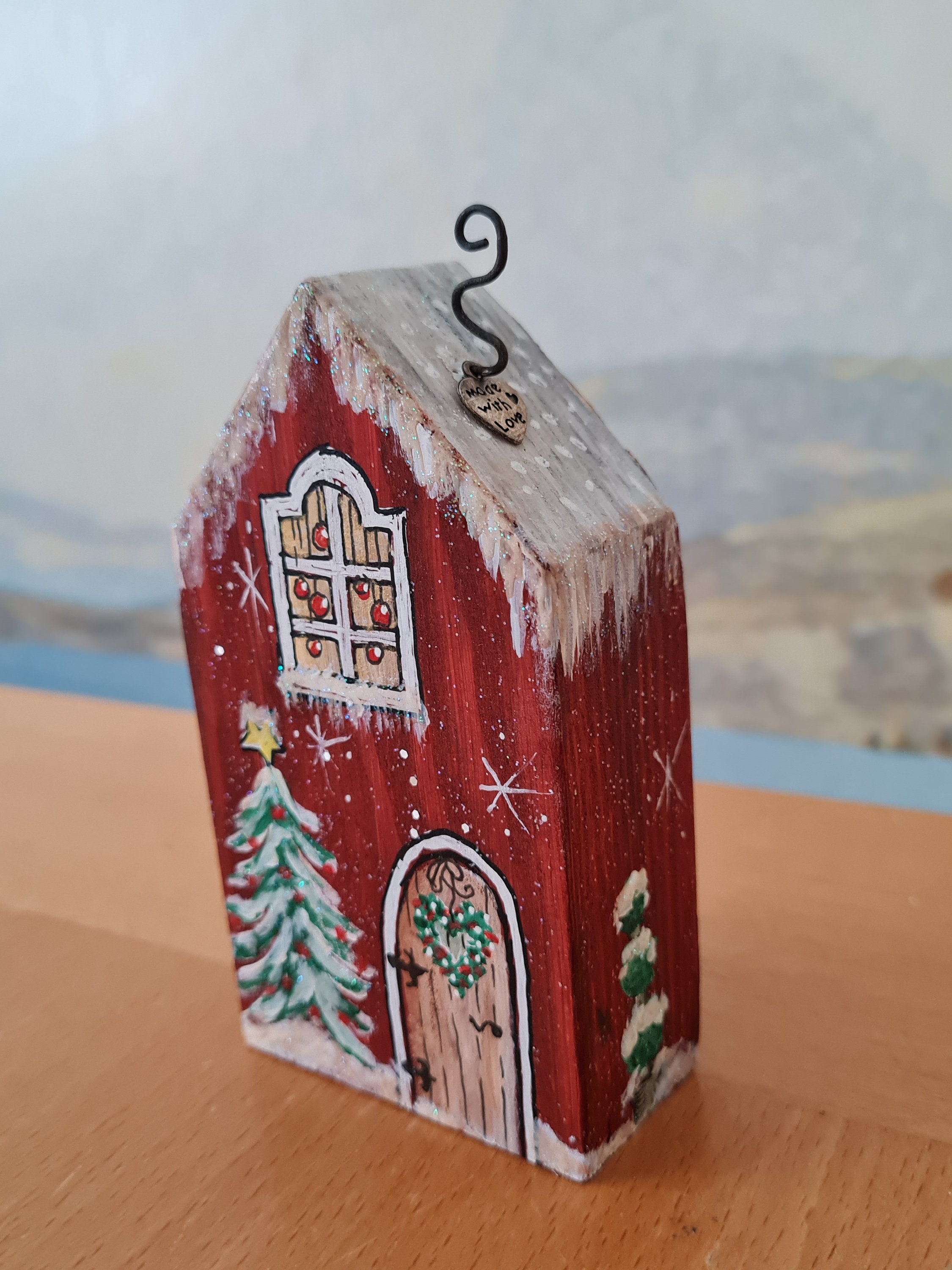 Wooden House Painted Wooden House Winter Christmas Cat Decoration Red ...