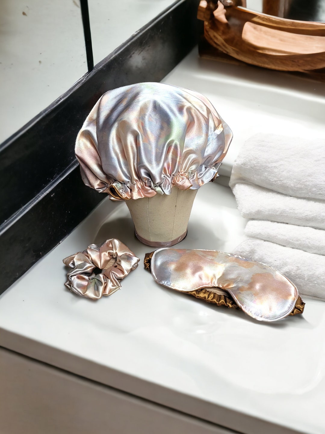 Metallic Satin Set, Satin Adults Bonnets, Eye Mask, Scrunchy ...