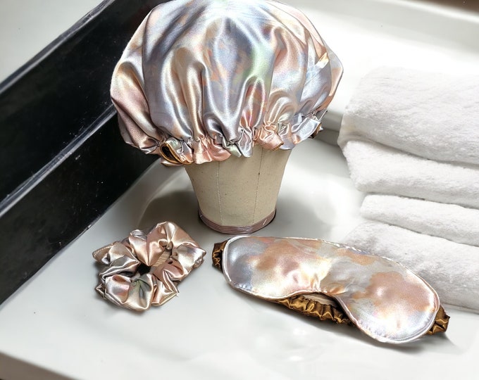 Metallic Satin Set, Satin Adults Bonnets, Eye Mask, Scrunchy ...