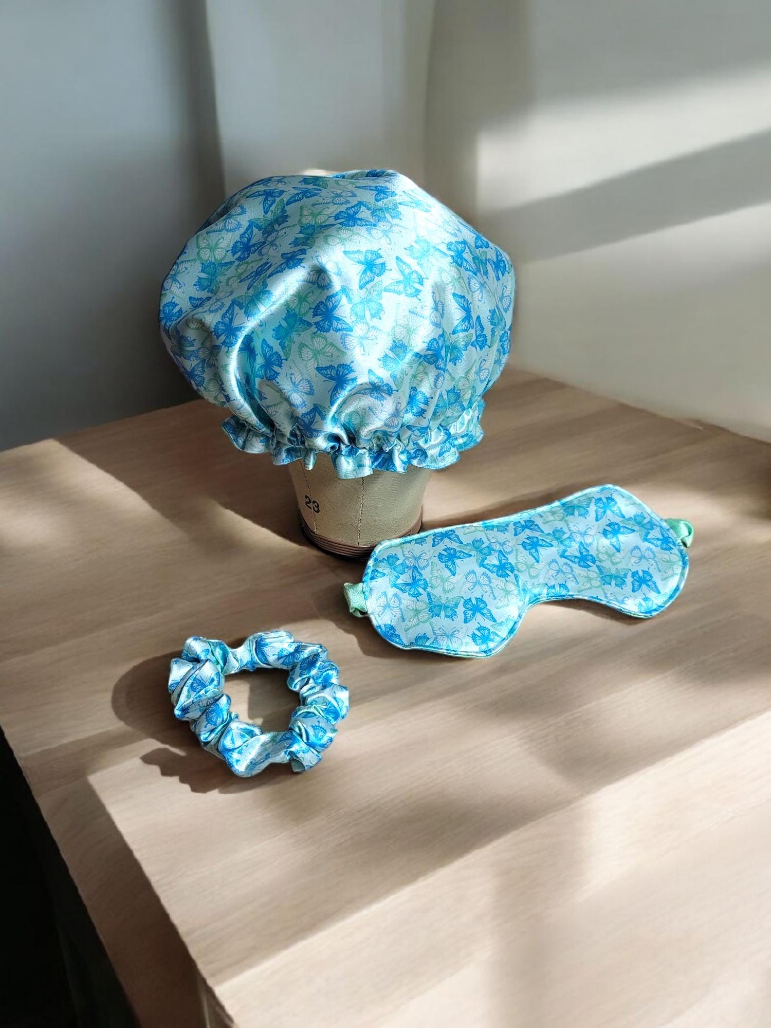 Blue Butterflies Set, Satin Adults Bonnets, Eye Mask, Scrunchy ...