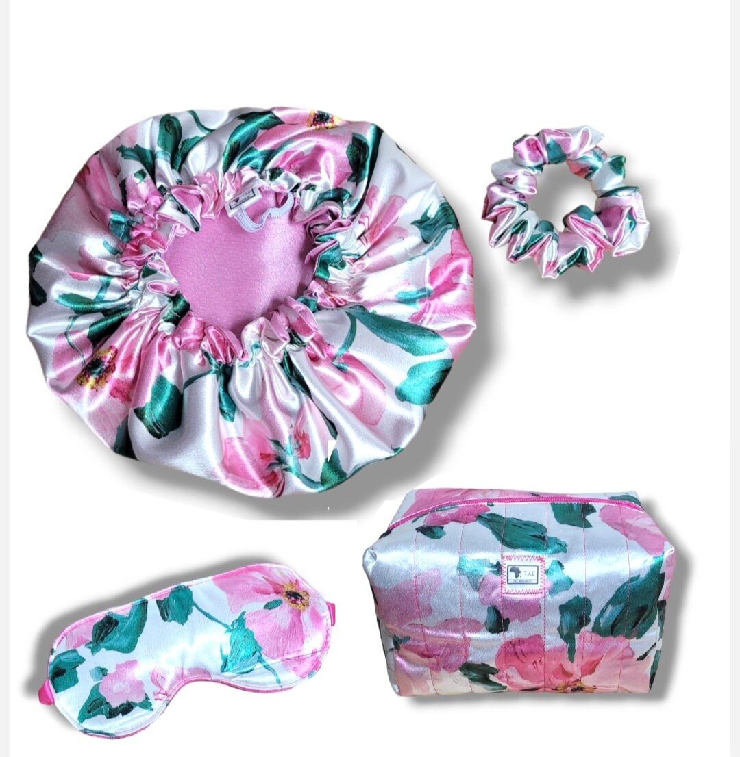 Pink Rose Satin 4 Piece Set, Satin Adults Bonnets , Satin Eye Mask ...