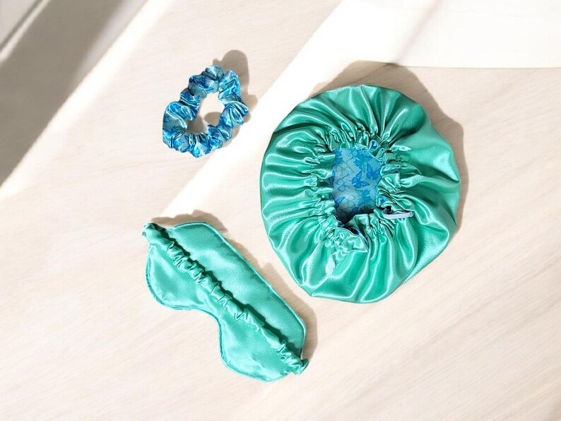 Blue Butterflies Set, Satin Adults Bonnets, Eye Mask, Scrunchy ...